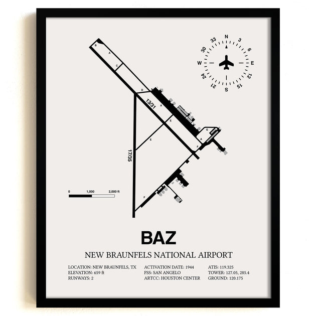 New Braunfels National Airport (BAZ) Framed Detailed Airport Map – SkyBirdSupply