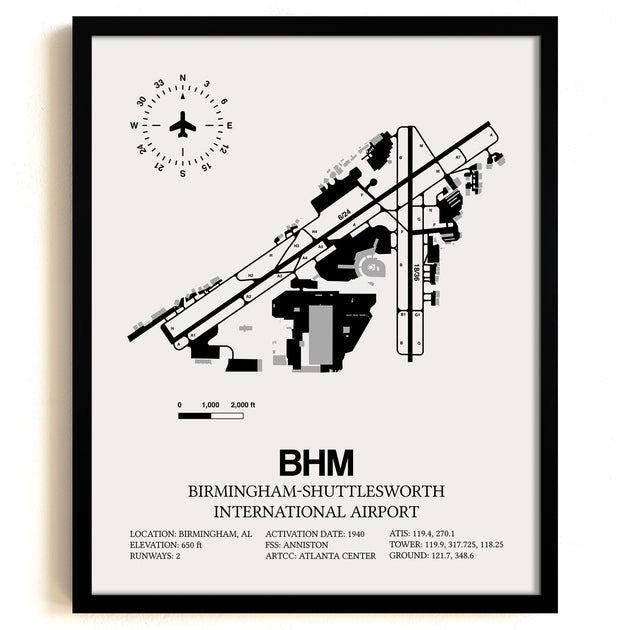 Birmingham-Shuttlesworth International Airport (BHM) Framed Detailed ...