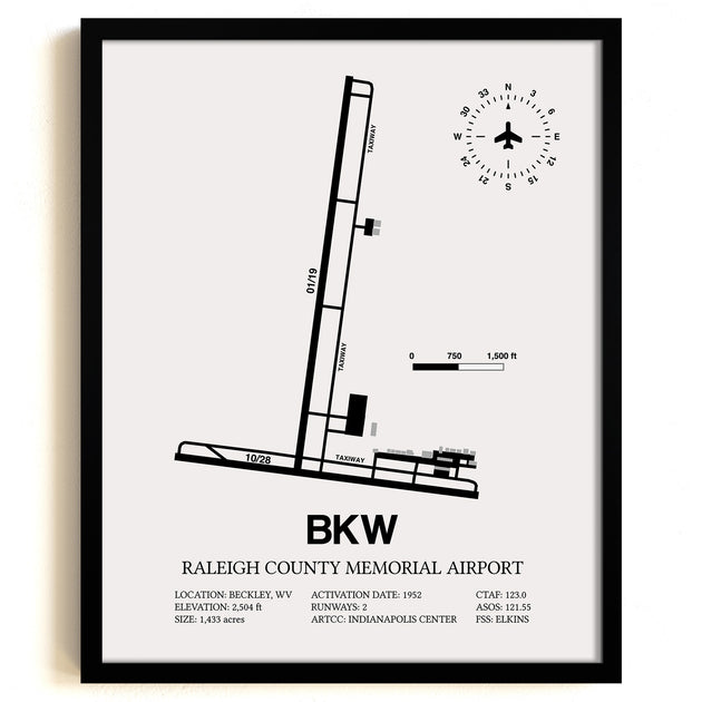 Raleigh County Memorial Airport (BKW) Framed Detailed Airport Map ...