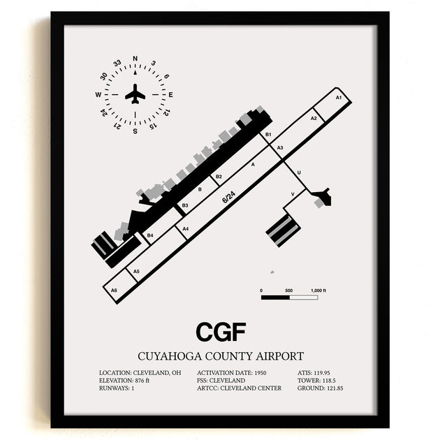 Cuyahoga County Airport (CGF) Framed Detailed Airport Map – SkyBirdSupply