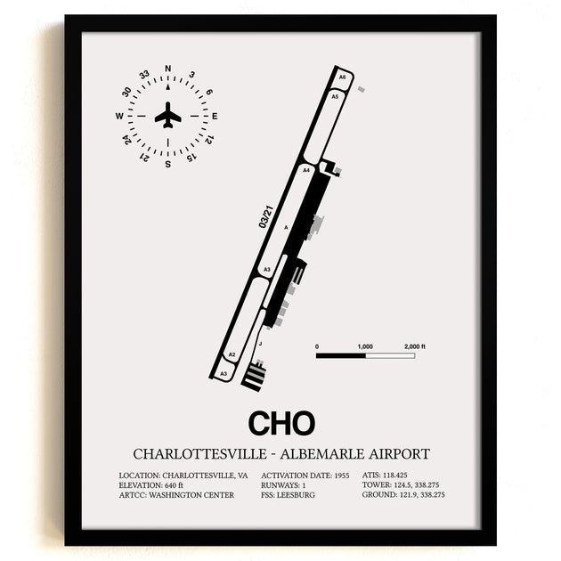 Charlottesville-Albemarle Airport (CHO) Framed Detailed Airport Map ...