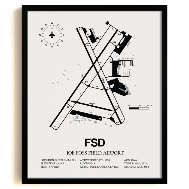 Joe Foss Field Airport (FSD) Framed Detailed Airport Map – SkyBirdSupply