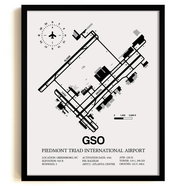 Piedmont Triad International Airport (GSO) Framed Detailed Airport Map ...