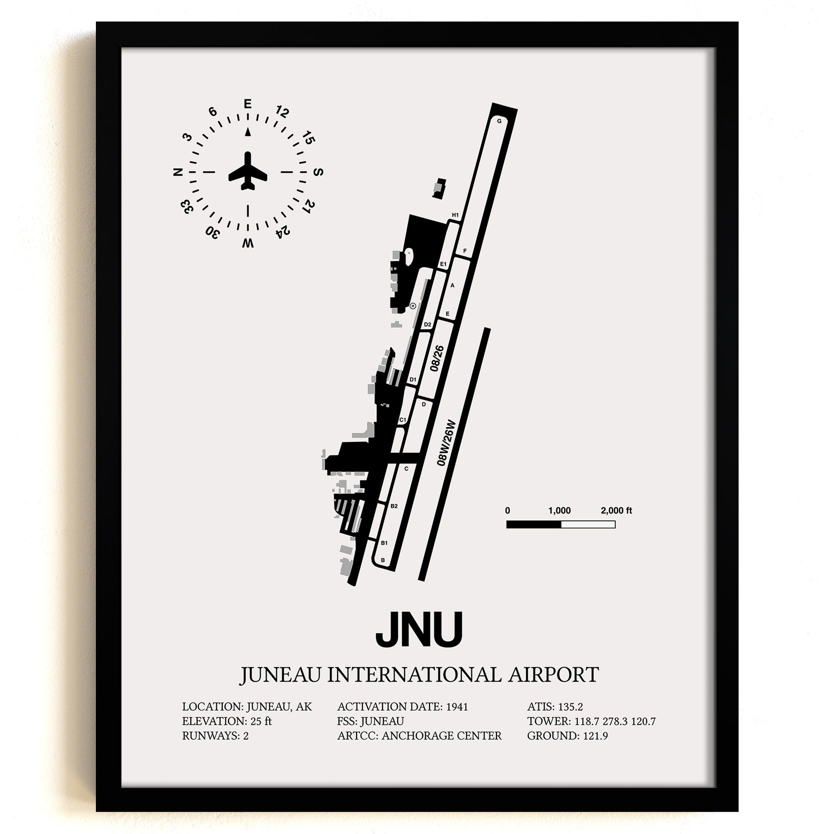 JNU Airport Map, Juneau International Airport Print – SkyBirdSupply