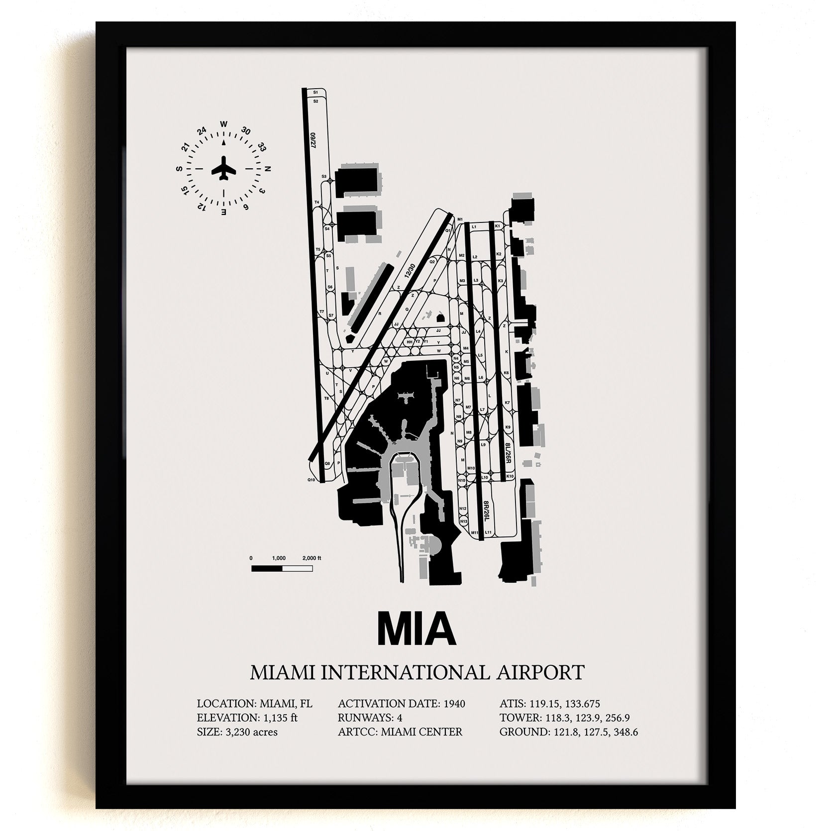 MIA Airport Map, Miami International Airport Framed Print – SkyBirdSupply