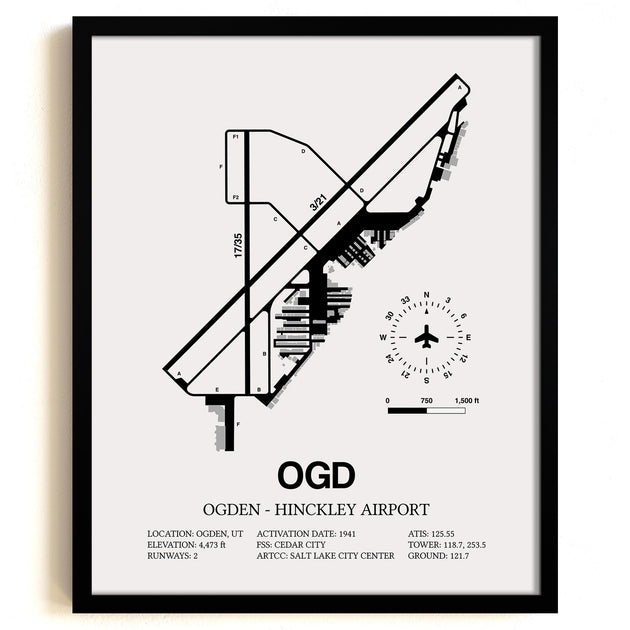 Ogden Hinckley Airport (OGD) Framed Detailed Airport Map – SkyBirdSupply