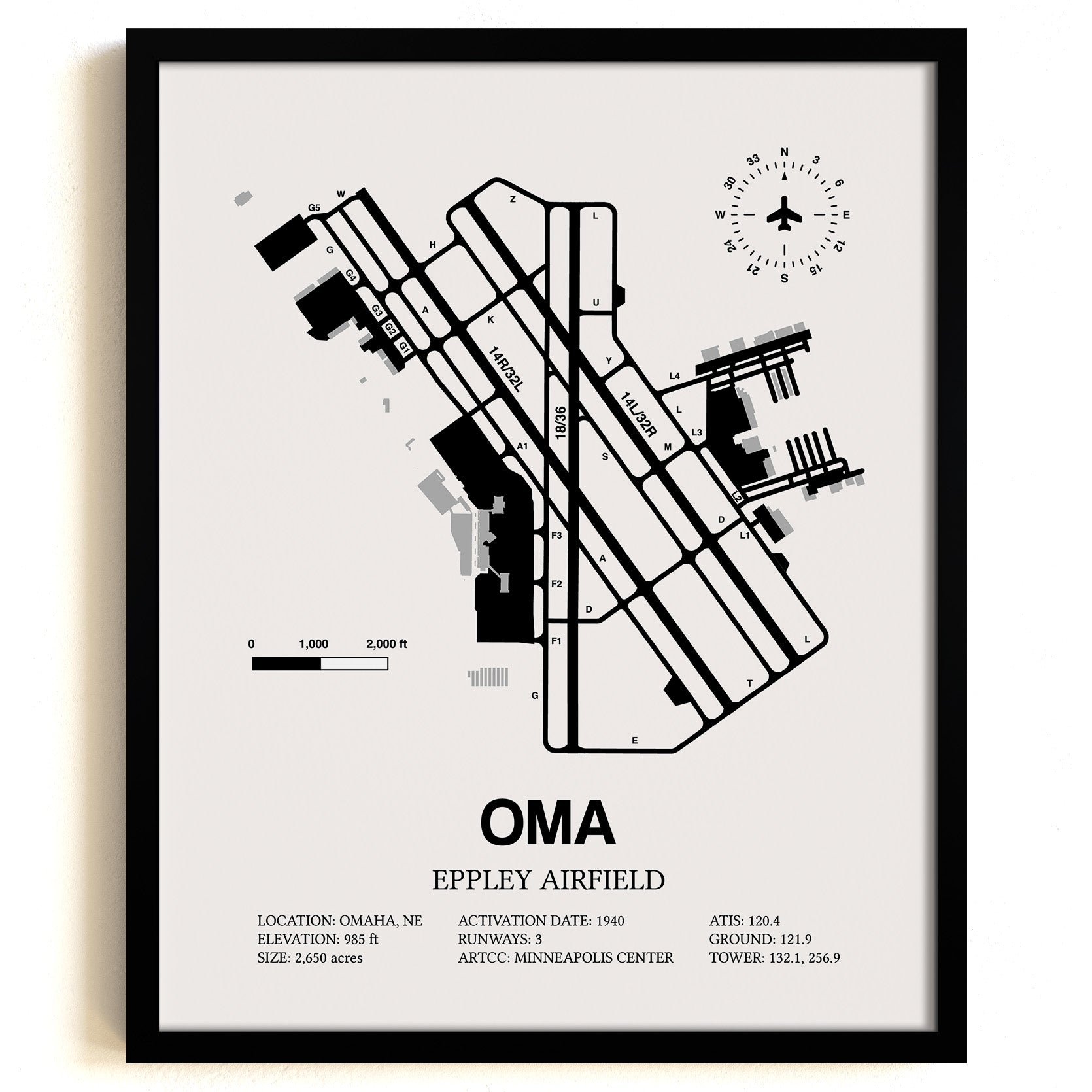 OMA Airport Map, Eppley Airfield Framed Print – SkyBirdSupply