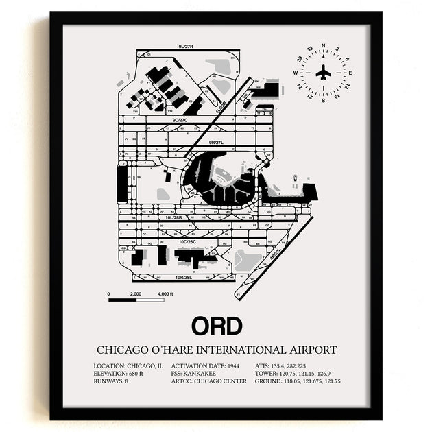 Chicago O'Hare International Airport (ORD) Framed Detailed Airport Map ...