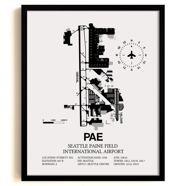Seattle Paine Field International Airport (PAE) Framed Detailed Airport ...