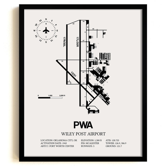 Wiley Post Airport (PWA) Framed Detailed Airport Map – SkyBirdSupply