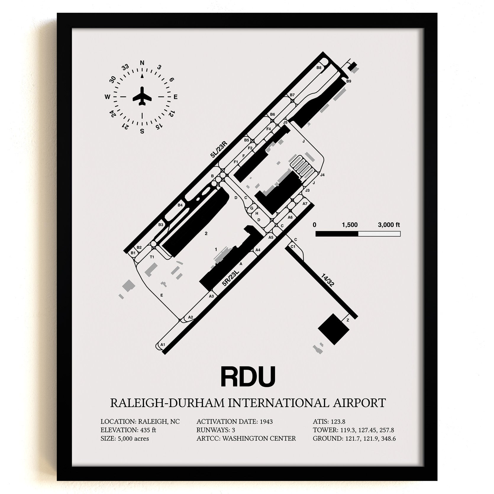 RDU Airport Map, Raleigh Durham International Airport Framed Print ...