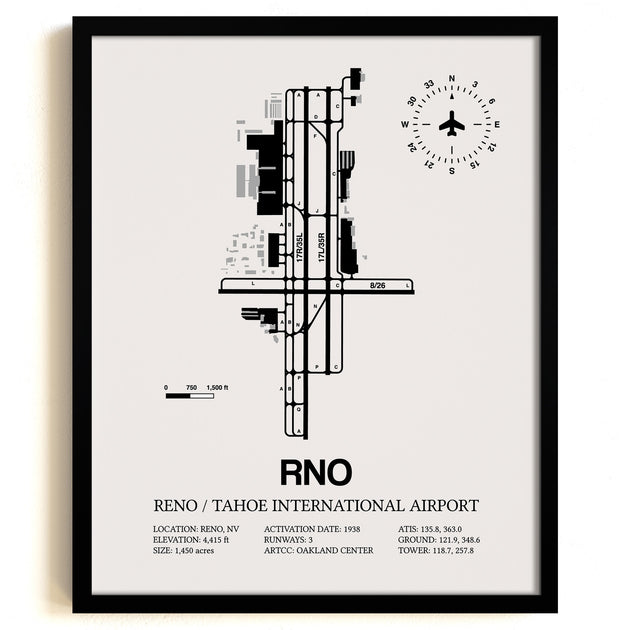 Reno Tahoe International Airport (RNO) Framed Detailed Airport Map ...