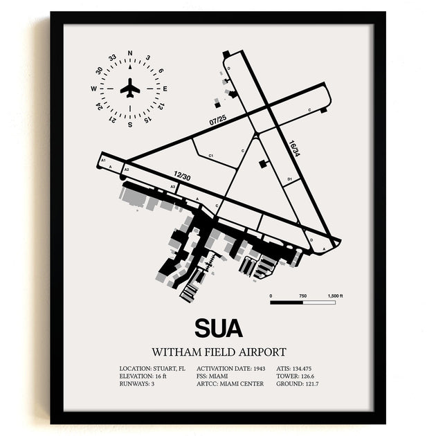 Witham Field Airport (SUA) Framed Detailed Airport Map – SkyBirdSupply