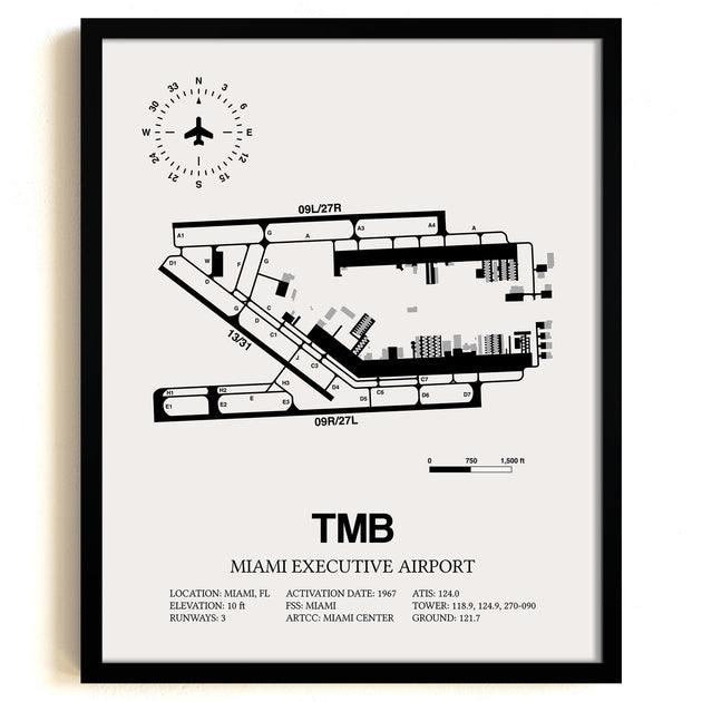 Miami Executive Airport (TMB) Framed Detailed Airport Map – SkyBirdSupply